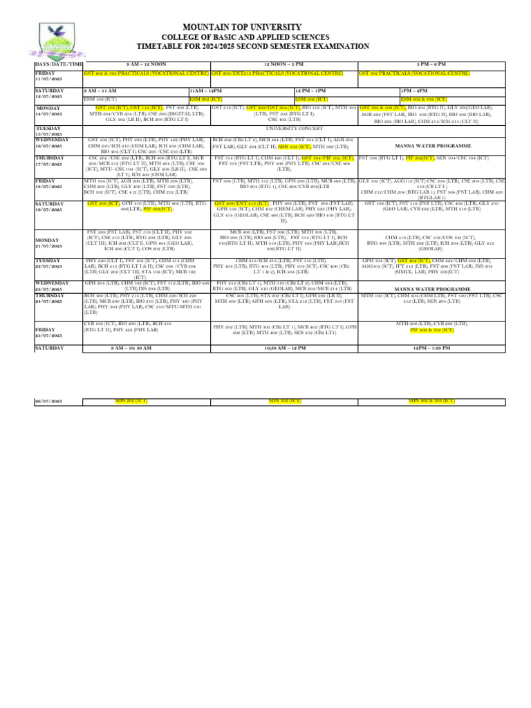 CBAS Timetable For 2024 2025 Second Semester Examination First Draft | PDF