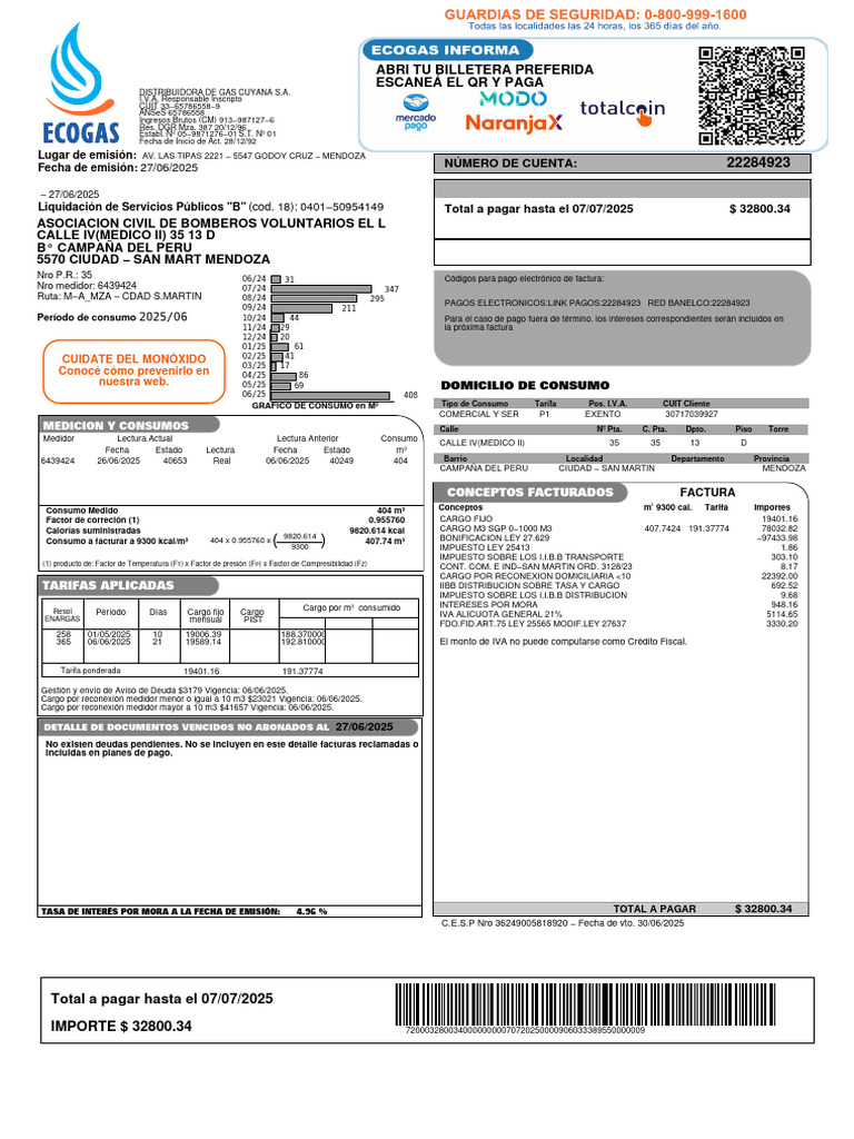 Factura Debito ECOGAS Nro 0401 50954149 000022284923 Cuy | PDF | Cantidad