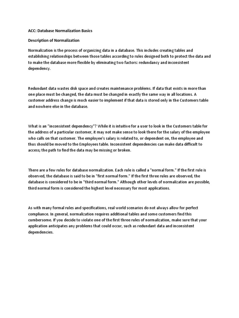 ACC: Database Normalization Basics Description of Normalization | PDF | Databases | Information ...
