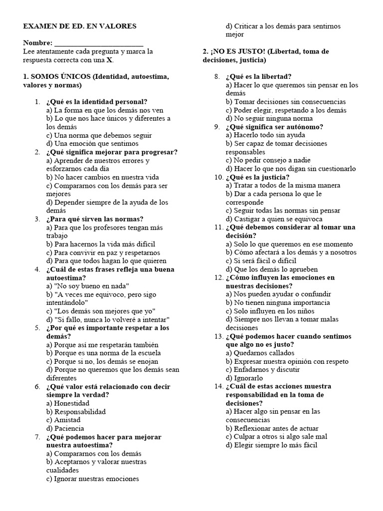 Examen de Educación en Valores | PDF | Amistad | Autoestima