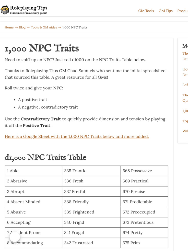 d1000 NPC Traits To Instantly Improve Any NPC | PDF