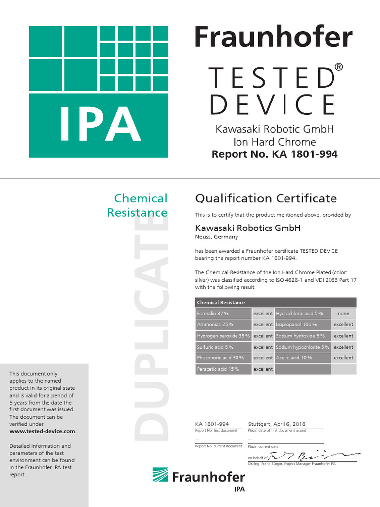 Fraunhofer Certificate for Chemical Resistance | PDF | Acid | Molecules