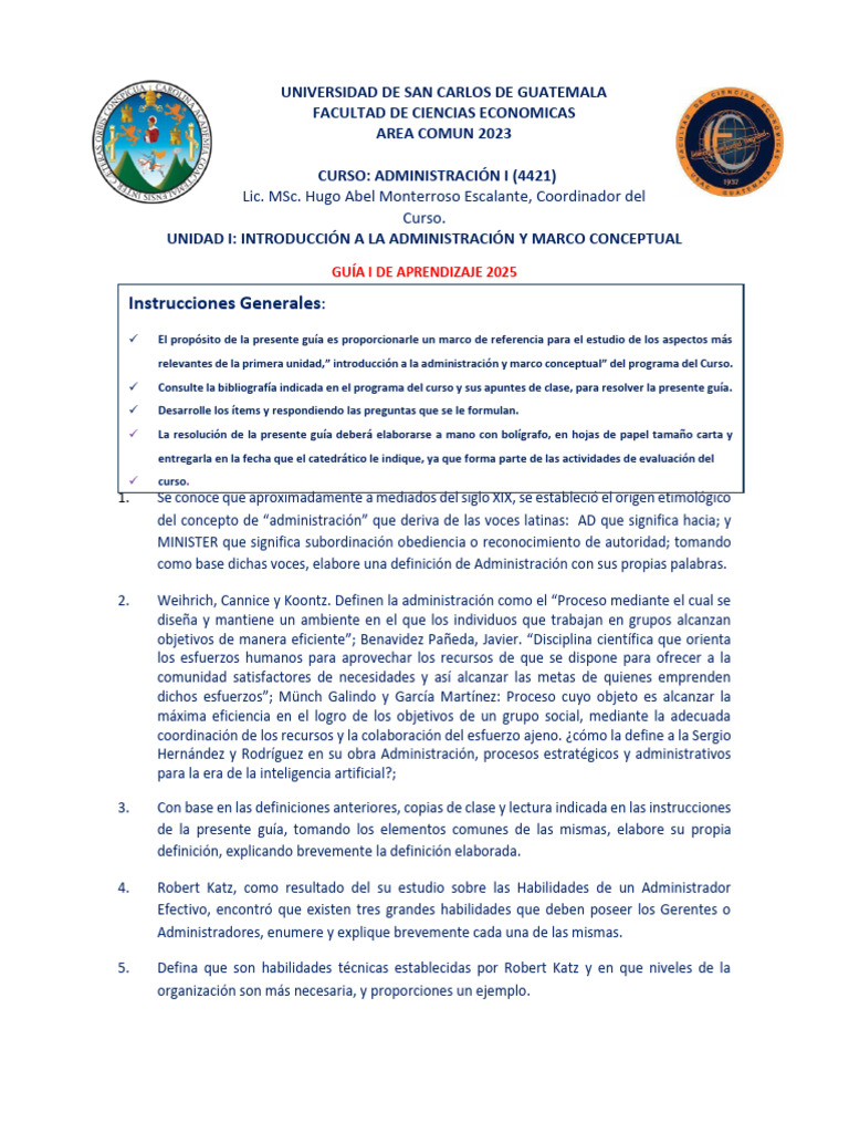 2025-Guia 1 Admon - I, - Primera - Unidad | PDF | Cognición