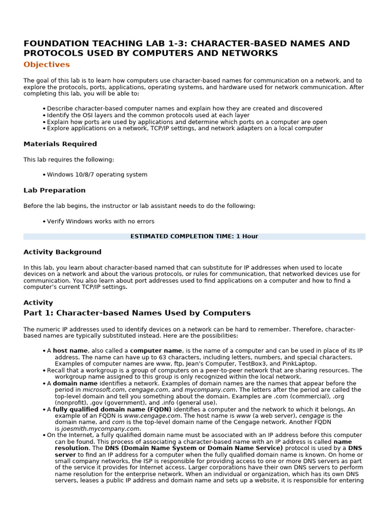 Foundation Teaching Lab 1-3 Character-Based Names and Protocols Used by ...