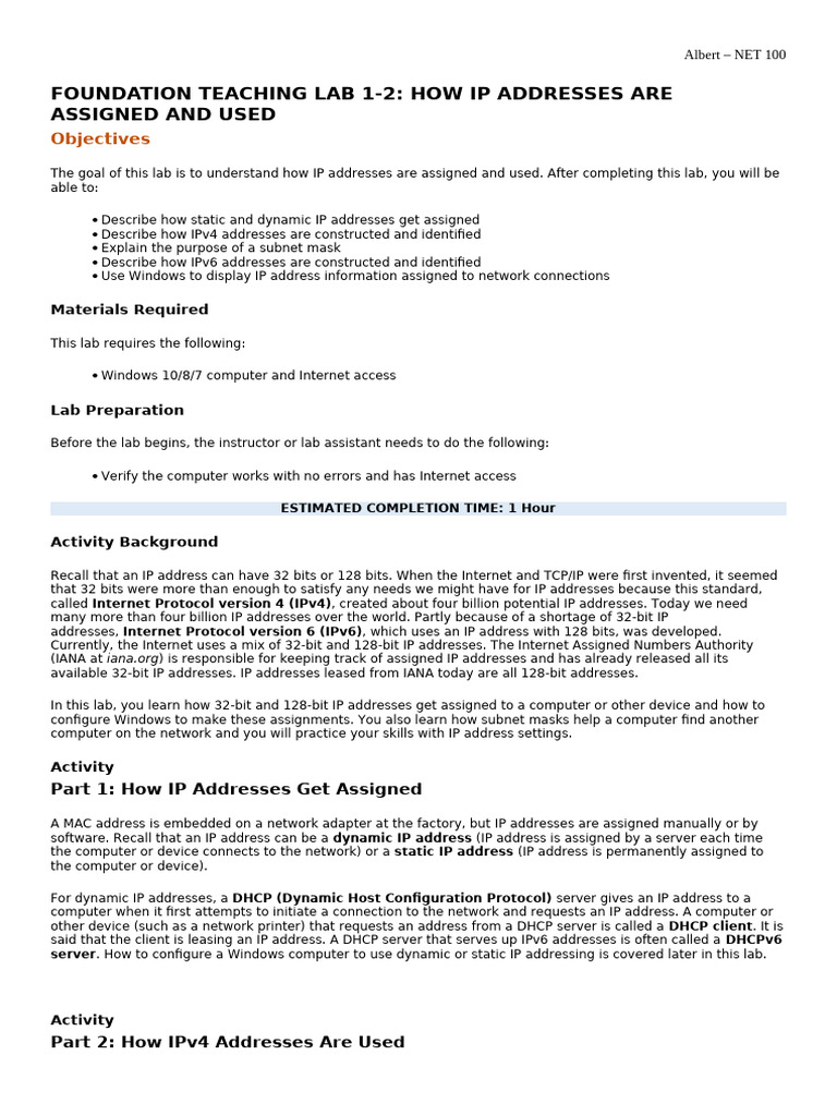 Oundation Teaching Lab 1-2 How IP Addresses Are Assigned and Used | PDF | Ip Address | I Pv6