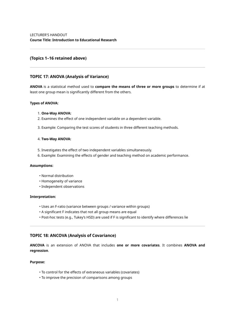 Educational Research Handout | PDF | Type I And Type Ii Errors | Analysis Of Covariance