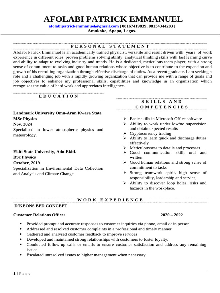 Afolabi Patrick Emmanuel: Physicist CV | PDF | Cognition