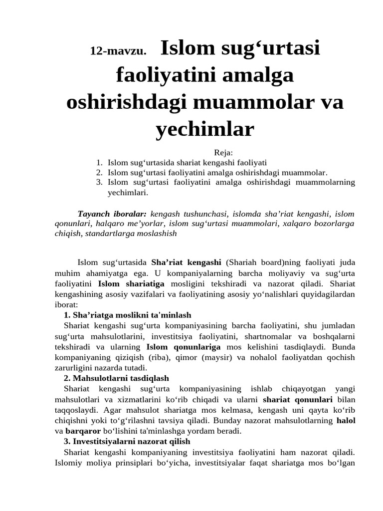 12-Mavzu Islom Sug'Urta Ishi | PDF