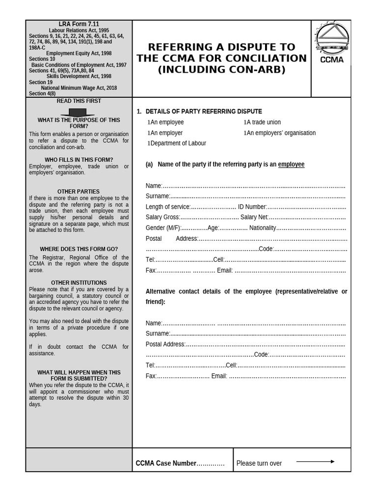 CCMA 7.11 Referral Form Conciliation | PDF | Labour Law | Employment