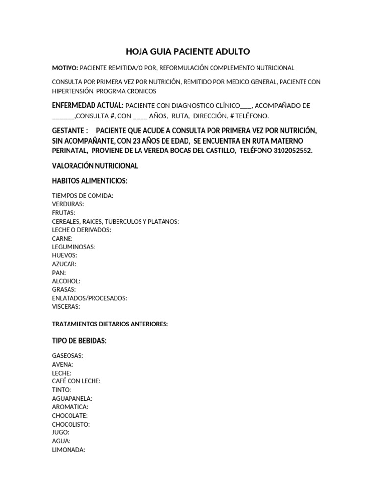 Hoja Guia Paciente Adulto | PDF | El embarazo | Alimentos