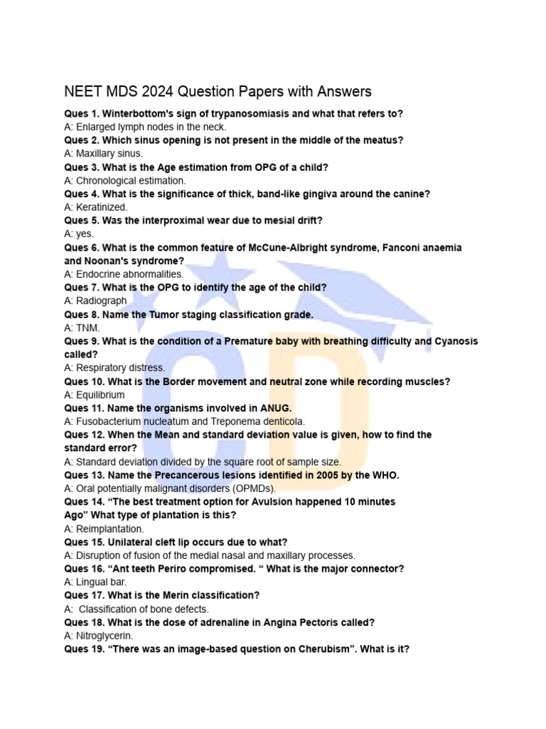 NEET MDS 2024 Question Papers & Answers | PDF | Clinical Medicine ...