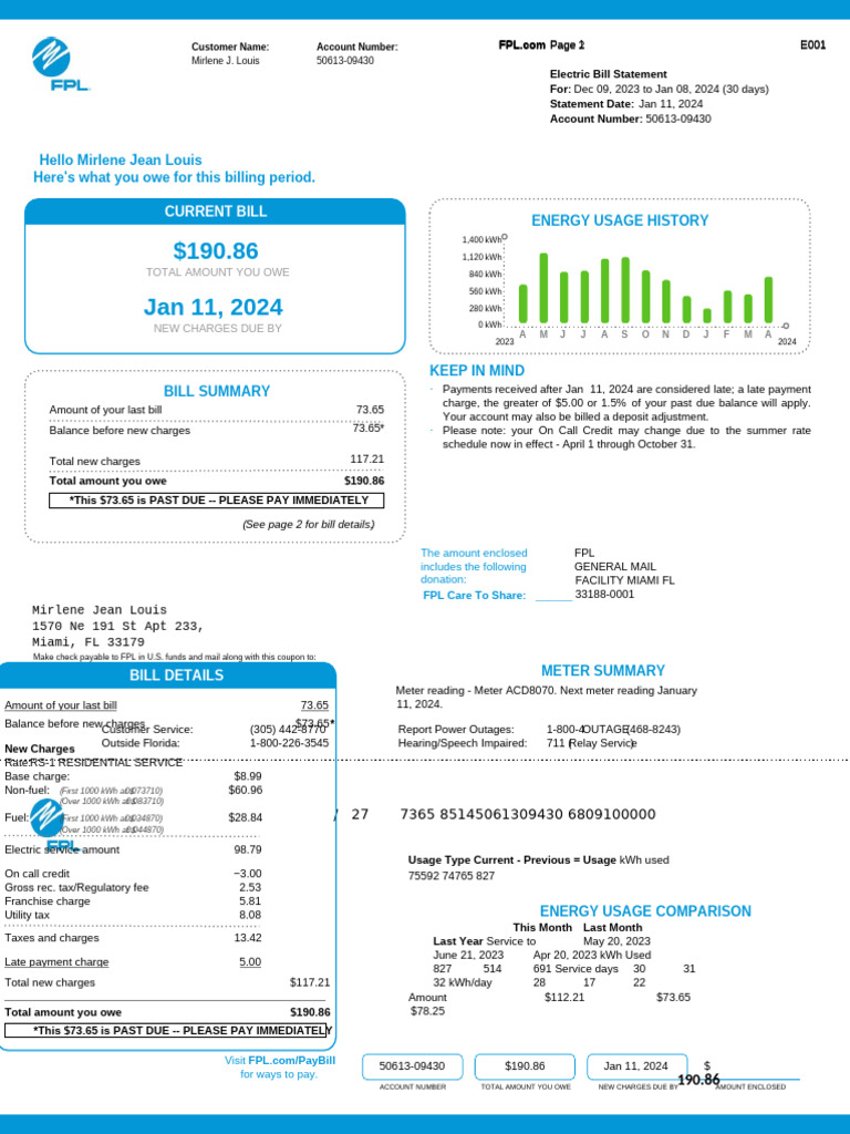 Mirlene Jean Louis Light Bill | PDF | Cheque | Payments
