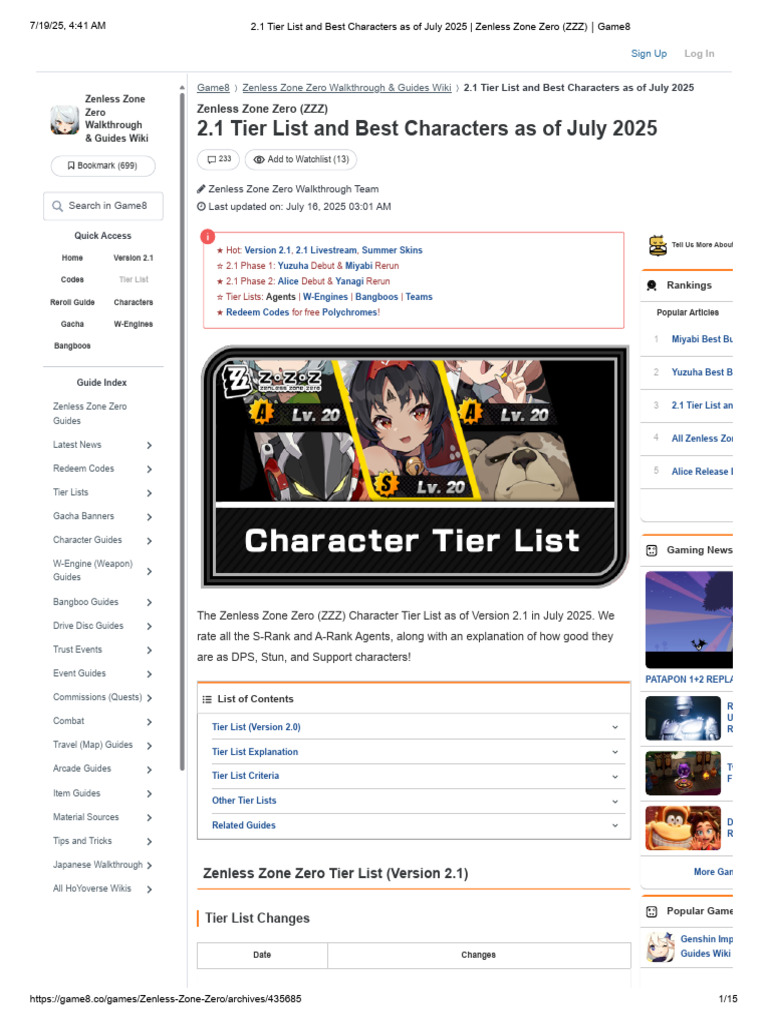ZZZ 2.1 Tier List and Best Characters | PDF | Strategy Guide | Gaming