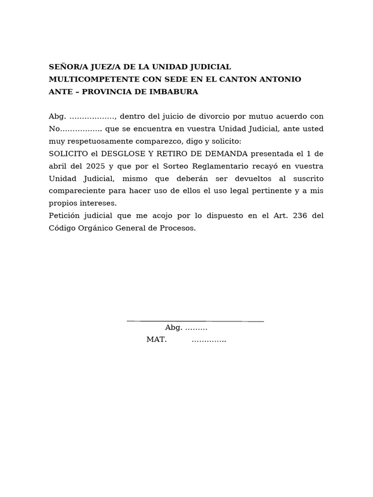 Solicitud de Desglose de Documentos Retiro Demanda | PDF