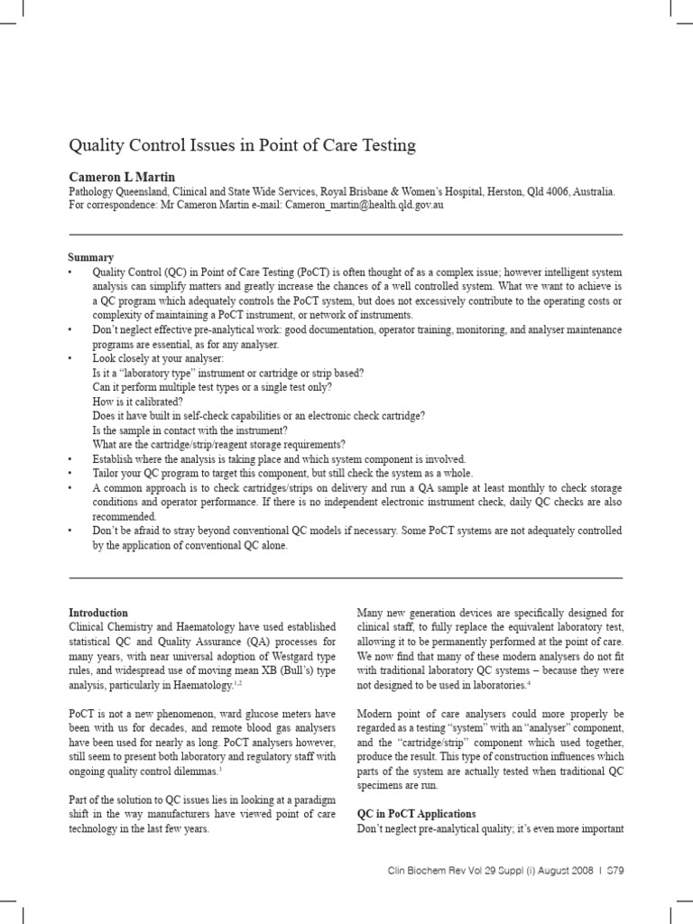 Quality Control Issues in Point of Care Testing | PDF | Calibration ...