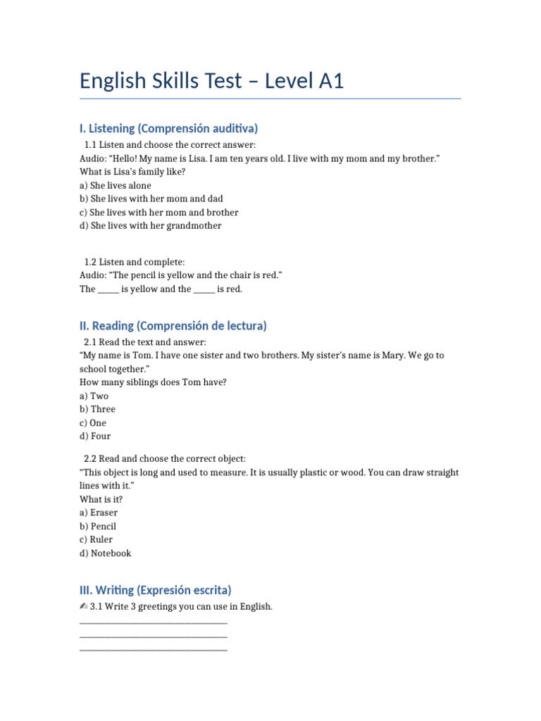A1 English Skills Test Overview | PDF