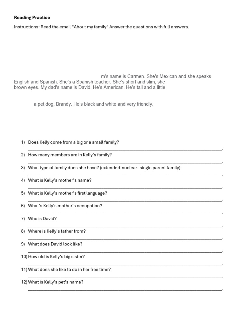 Family Description Reading Practice | PDF