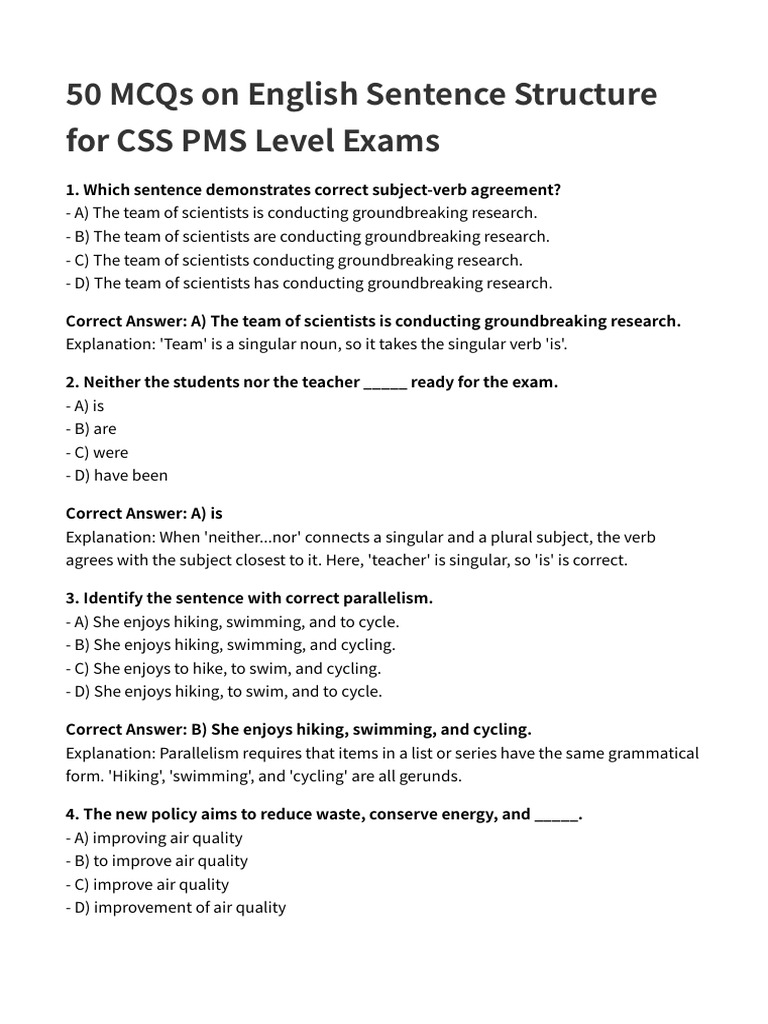 50 MCQs On English Sentence Structure For CSS PMS | PDF | Verb ...