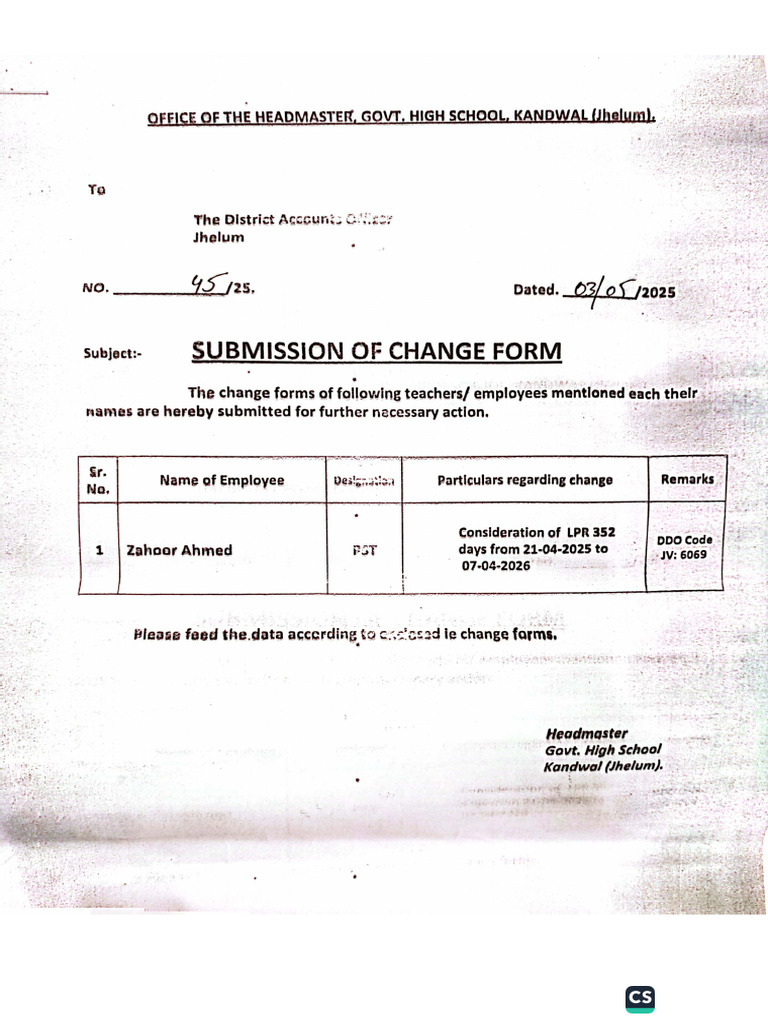 Change Form Stoppage of Conveyance Allowance Zahoor Ahmed PST Ghs Kandwal | PDF