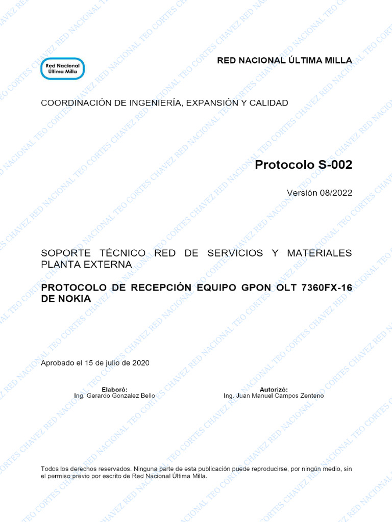 S-002 - Ed05 Protocolo de Recepción de Equipo Isam 7360 Fx-16 de Nokia | PDF
