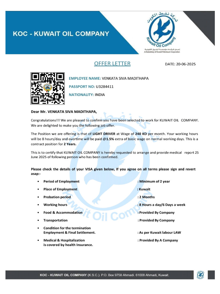 Koc Offer Letter | PDF