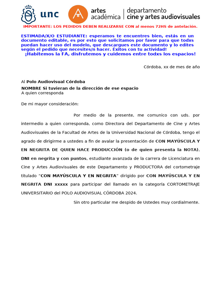 Modelo Nota Pedido Aval para Polo Y - o Concursos - + Nombre Cortometraje y Nombre Prod. y Dir | PDF