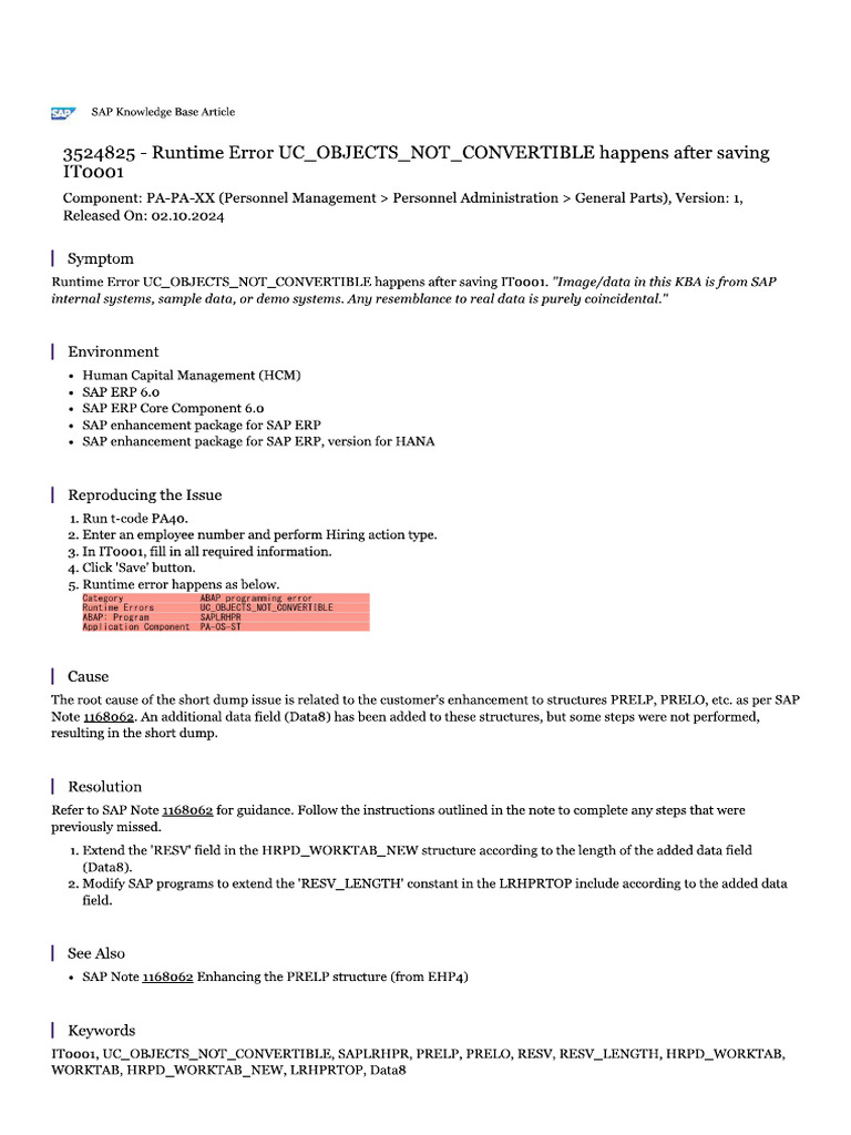 Runtime Error UC - OBJECTS - NOT - CONVERTIBLE Happens After SavingIT0001 | PDF