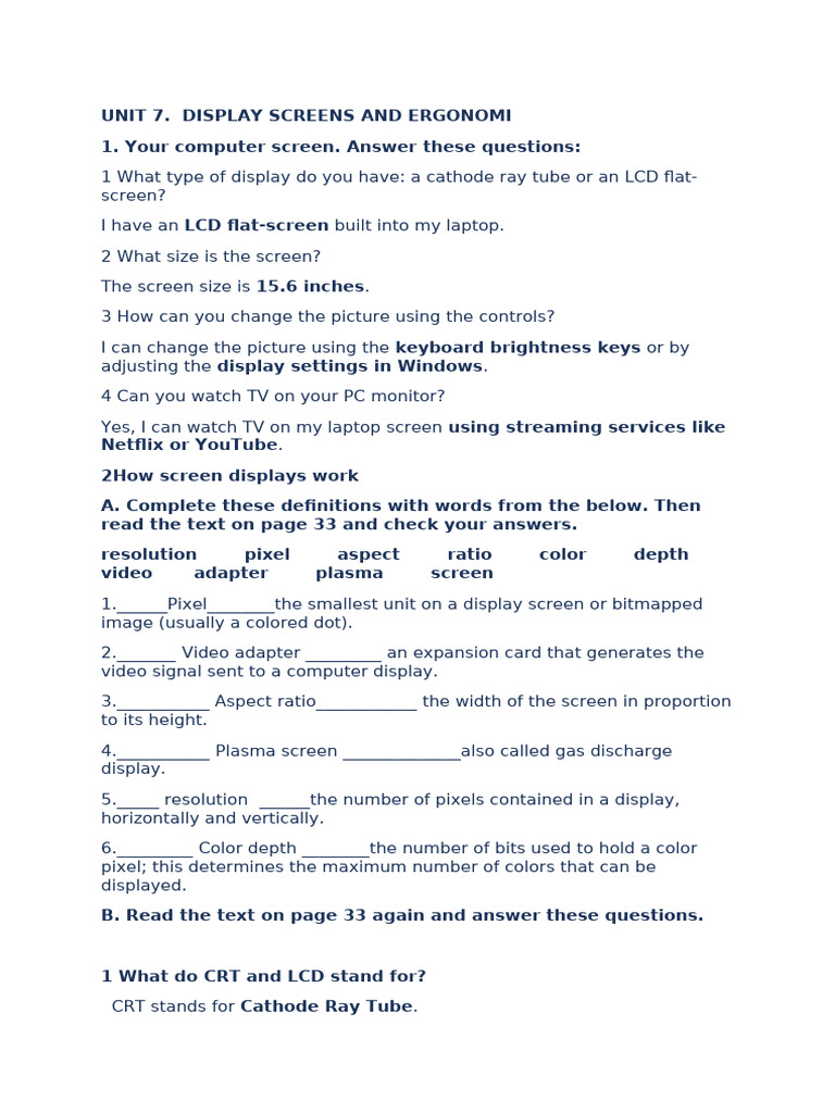 Topic 7. Computer Display and Ergonomics | PDF | Computer Monitor ...