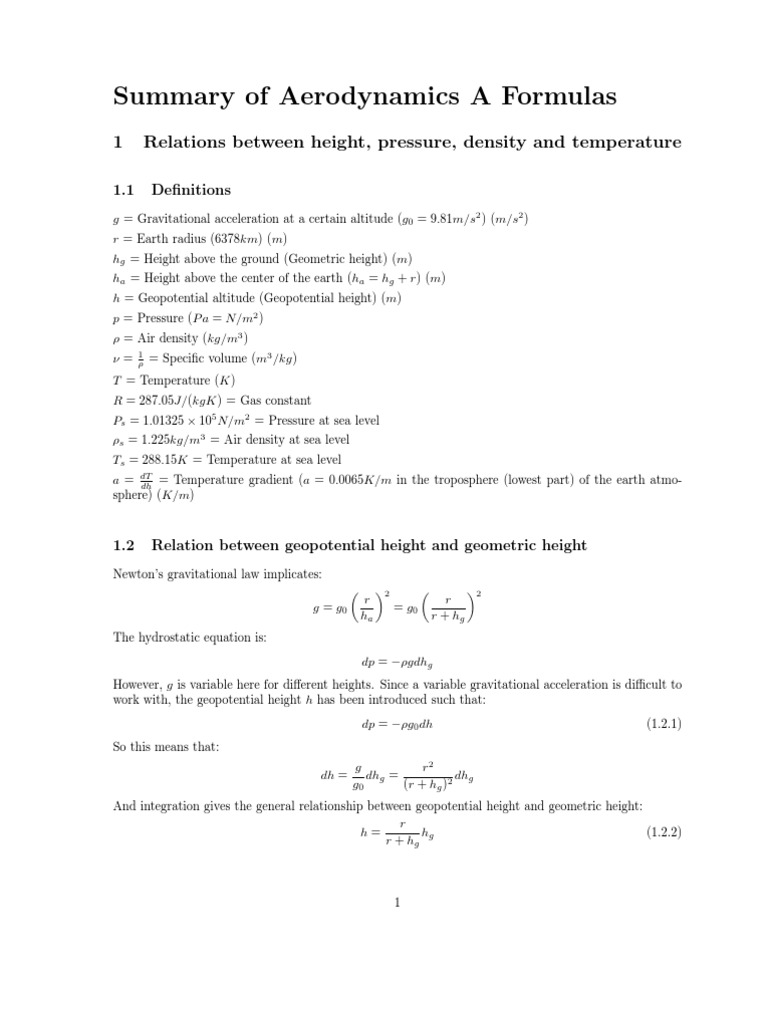 Aerodynamics Formulas and Concepts Summary | PDF