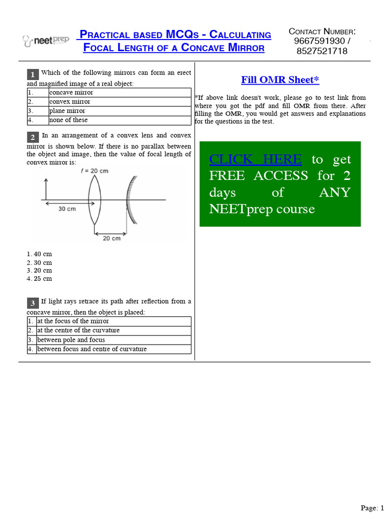 Practical Based MCQs Calculating Focal Length of A Concave Mirror | PDF