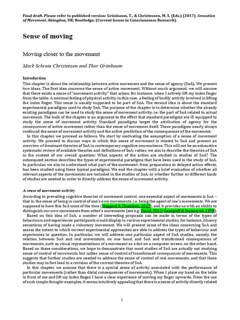 Sense of Movement and Agency Explained | PDF | Perception | Experience