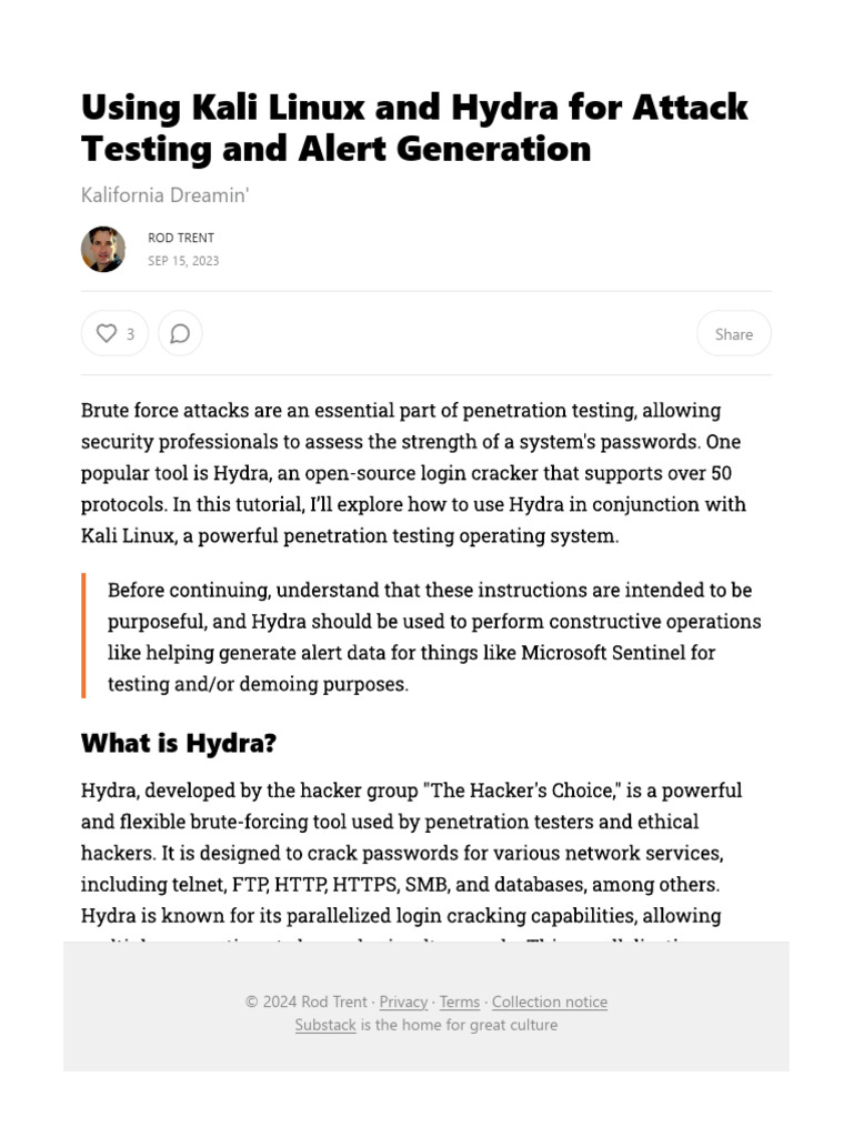 Using Kali Linux and Hydra for Attack Testing and Alert Generation | PDF