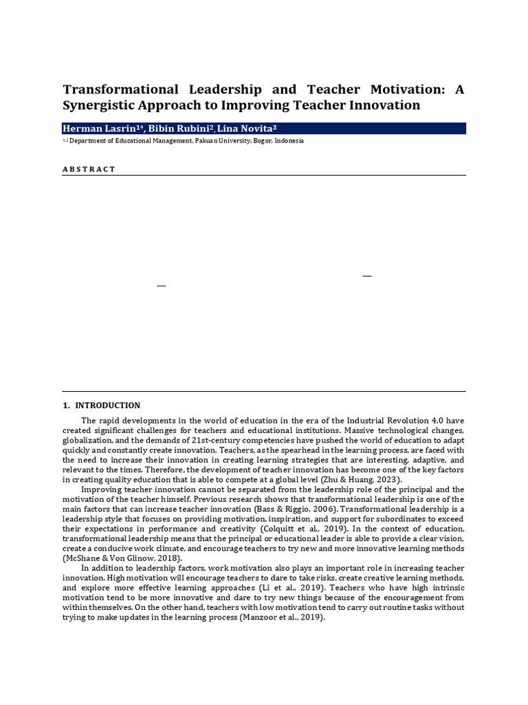 Transformational Leadership and Teacher Motivation A Synergistic ...