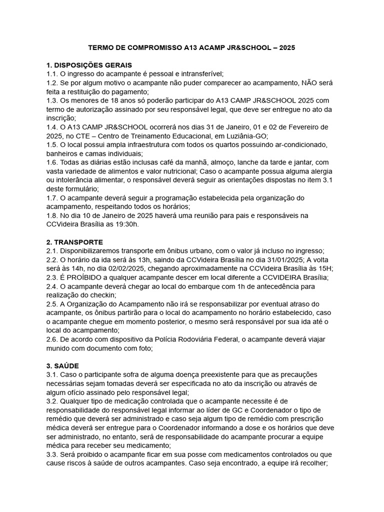 Termo de Compromisso A13 Acamp Jr&school - 2025 | PDF