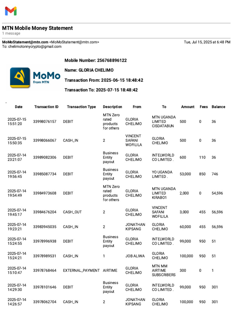 MTN Mobile Money Statement for Gloria Chelimo | PDF | Debit Card | Business