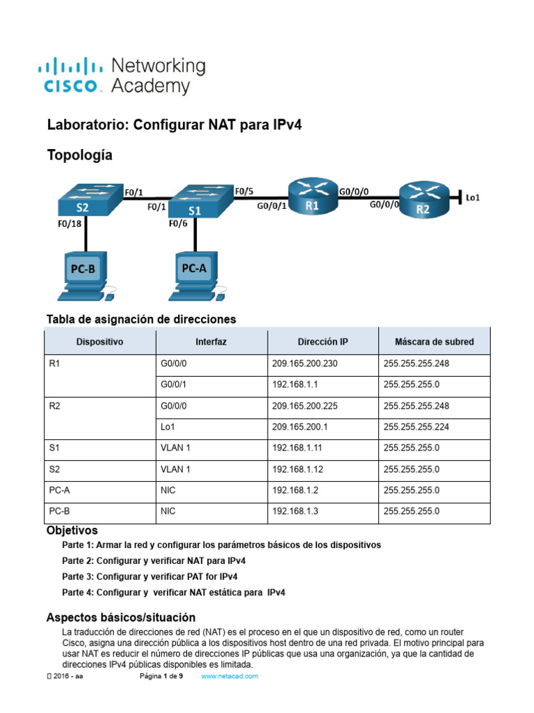 (LABORATORIO) 6.8.2 Lab - Configure Nat For IPv4 - de Conmutacion y Enrutamiento | PDF ...