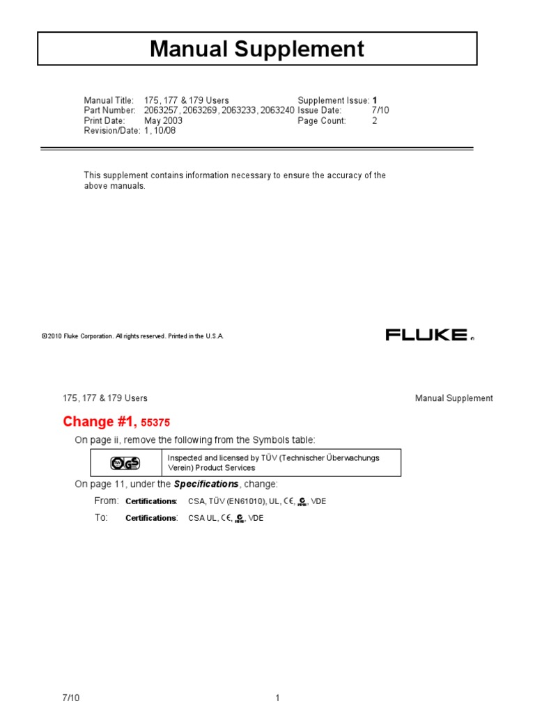 Manual Supplement: © 2010 Fluke Corporation. All Rights Reserved. Printed in The U.S.A | PDF