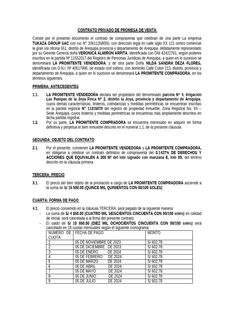 Sra Nilda Sandra Deza Flores | PDF | Pago inicial | Derecho privado