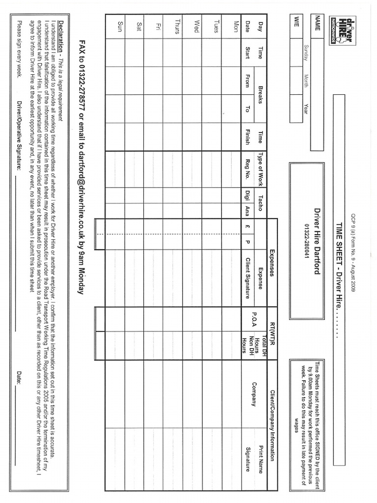 Blank Timesheet Driver Hire | PDF