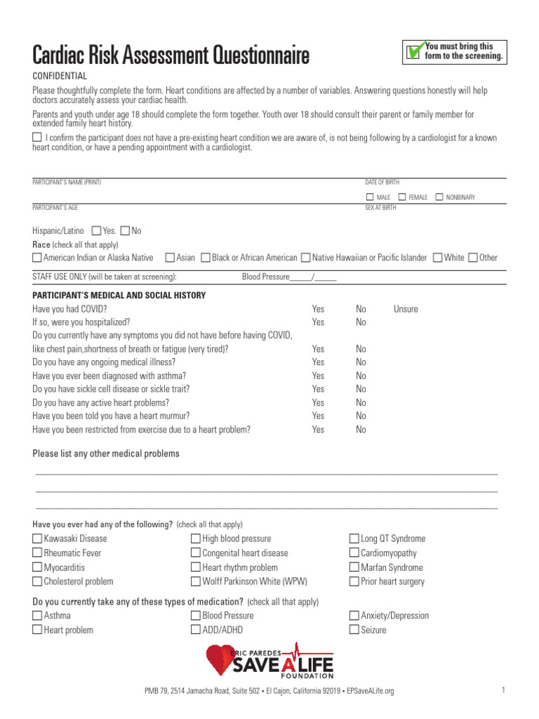 Cardiac Risk Assessment Questionnaire: Confidential | PDF | Race And ...