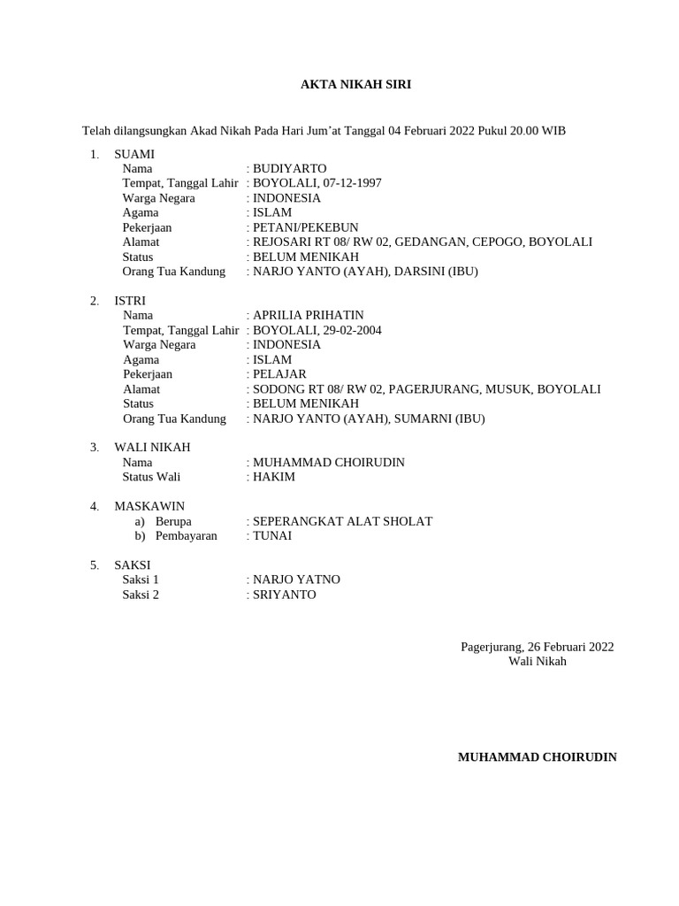 Akta Nikah Siri | PDF