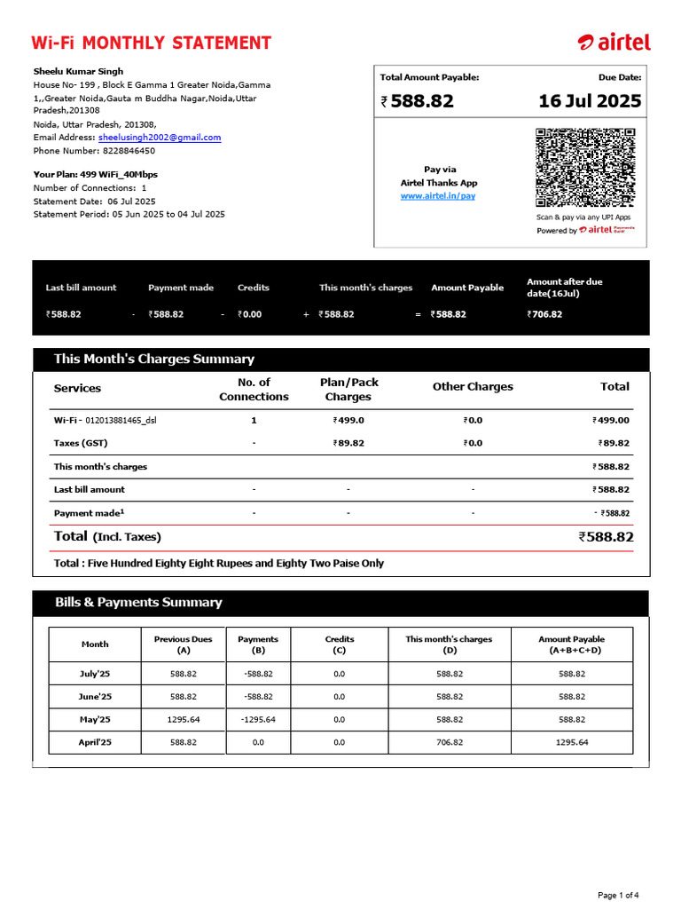 Wi-Fi Monthly Statement: This Month's Charges Summary | PDF | Payments