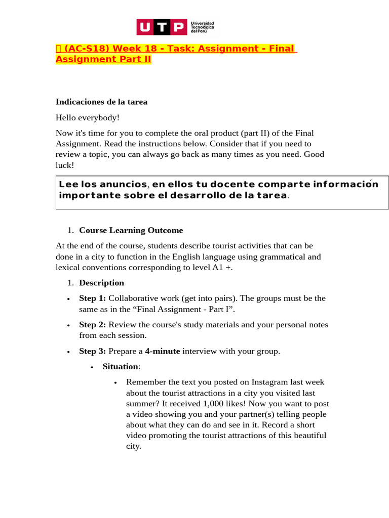 ? (AC-S18) Week 18 - Task Assignment - Final Assignment Part II - INGLES 2 | PDF