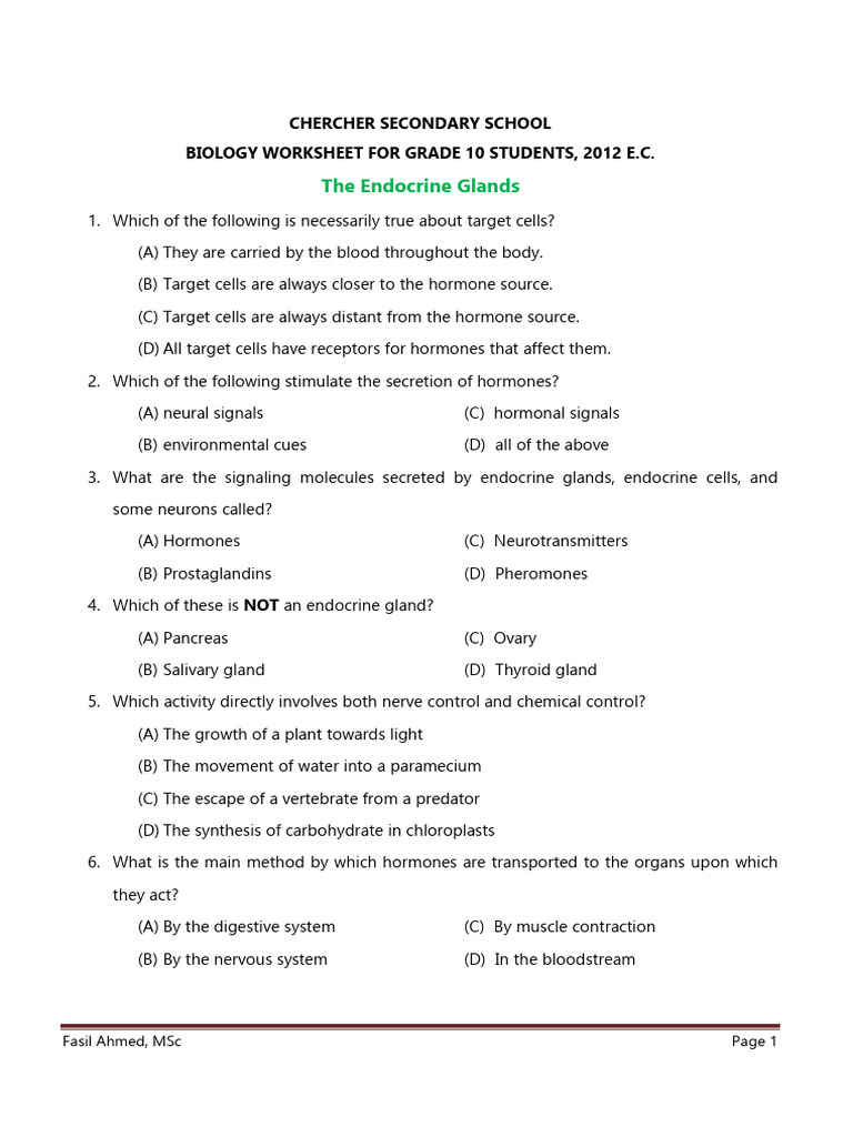 (Biol-10) The Endocrine Glands MCQs - Fasil Ahmed | PDF | Endocrine ...
