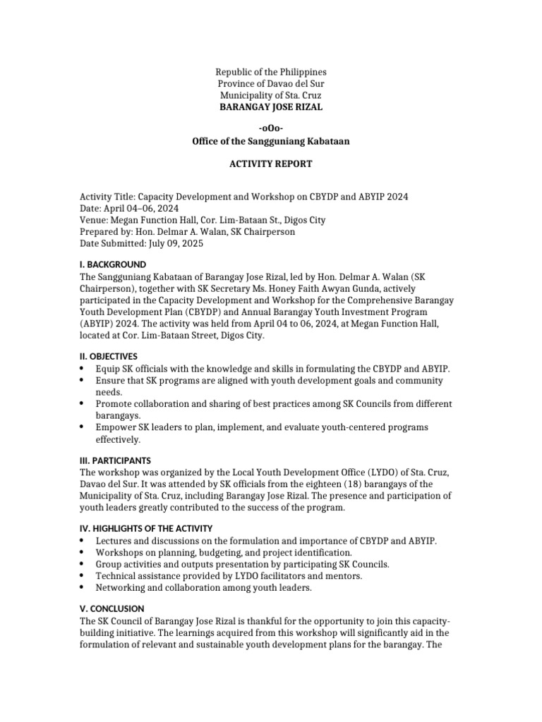 SK CBYPD ABYIP Workshop Report April 2024 | PDF