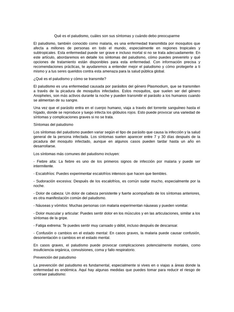 Paludismo | PDF | Malaria | Especialidades Medicas