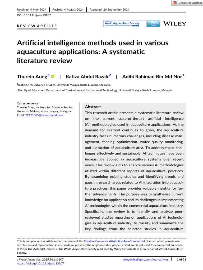 J World Aquaculture Soc - 2024 - Aung - Artificial Intelligence Methods Used in Various ...