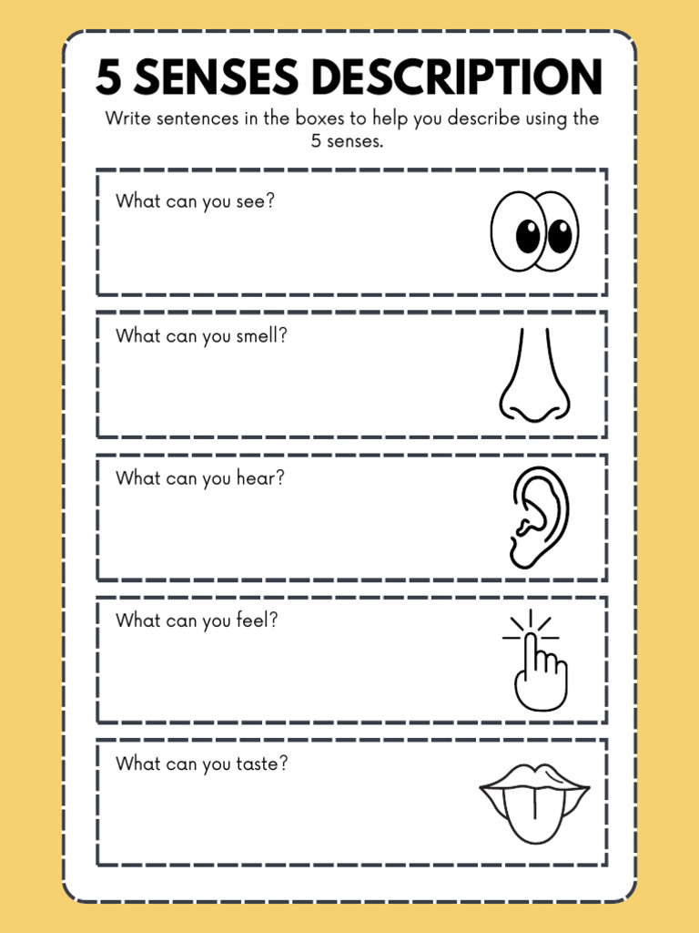 5 Senses Description English Language Arts Worksheet in Yellow, Black ...
