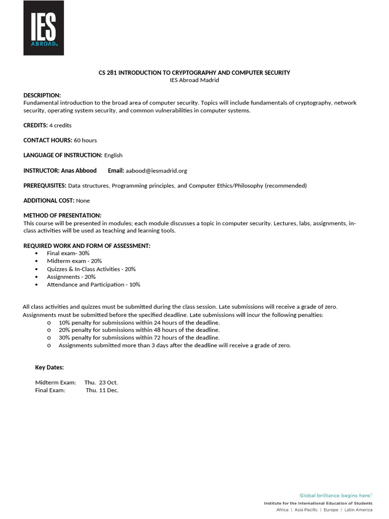 Cs 281 Introduction To Cryptography and Computer Security | PDF ...