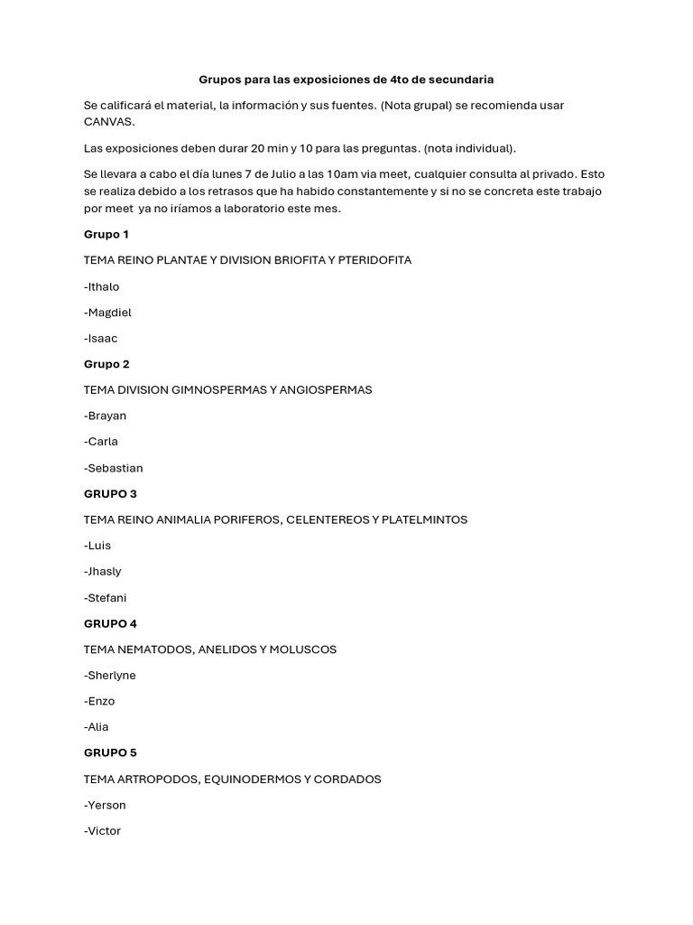 Grupos para Las Exposiciones de 4to de Secundaria | PDF